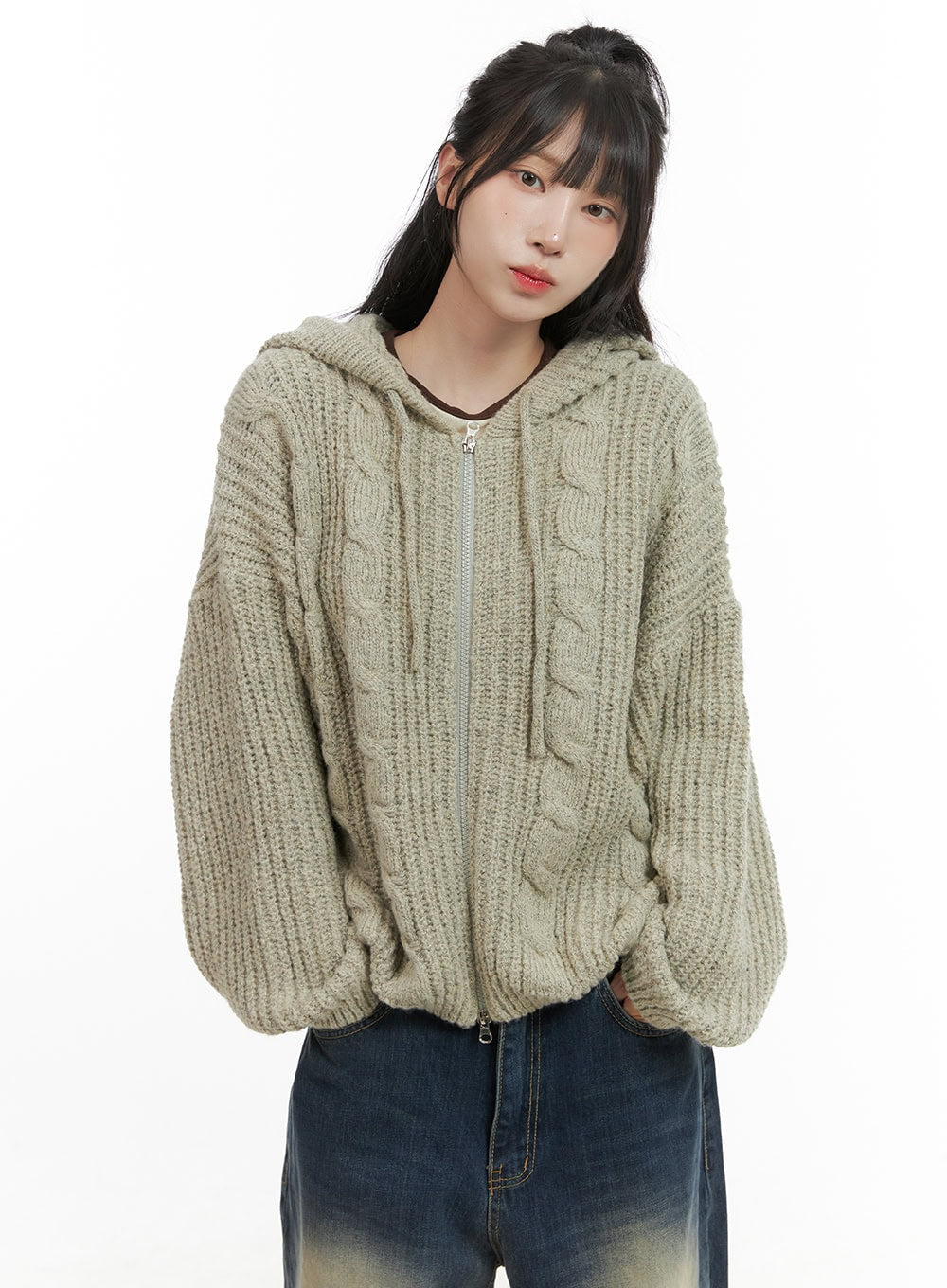 Oversized Cable Knit Zip-Up Hooded Sweater CG421 - Acubi style | LEWKIN